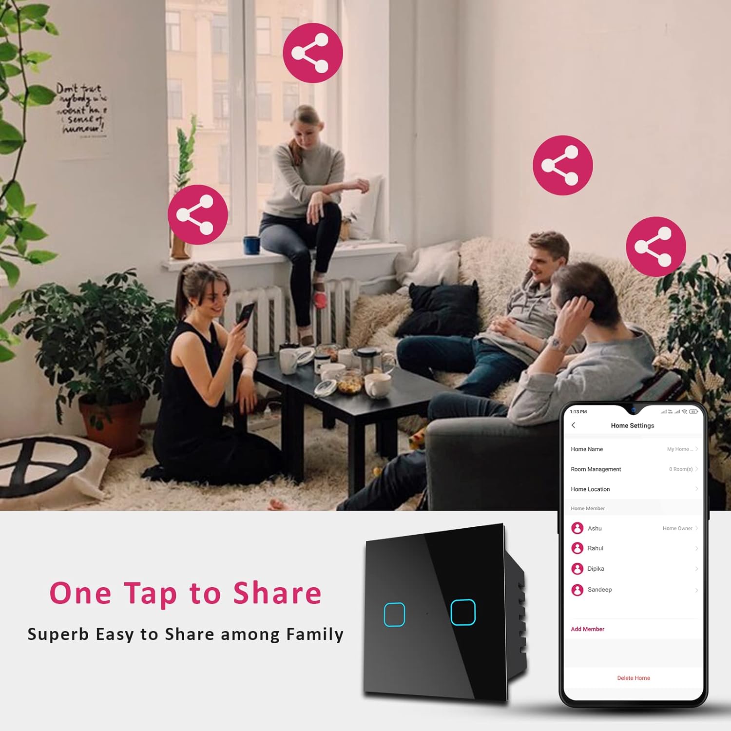 Smart Wi-Fi 2 Gang Touch Switch in India - Homemate